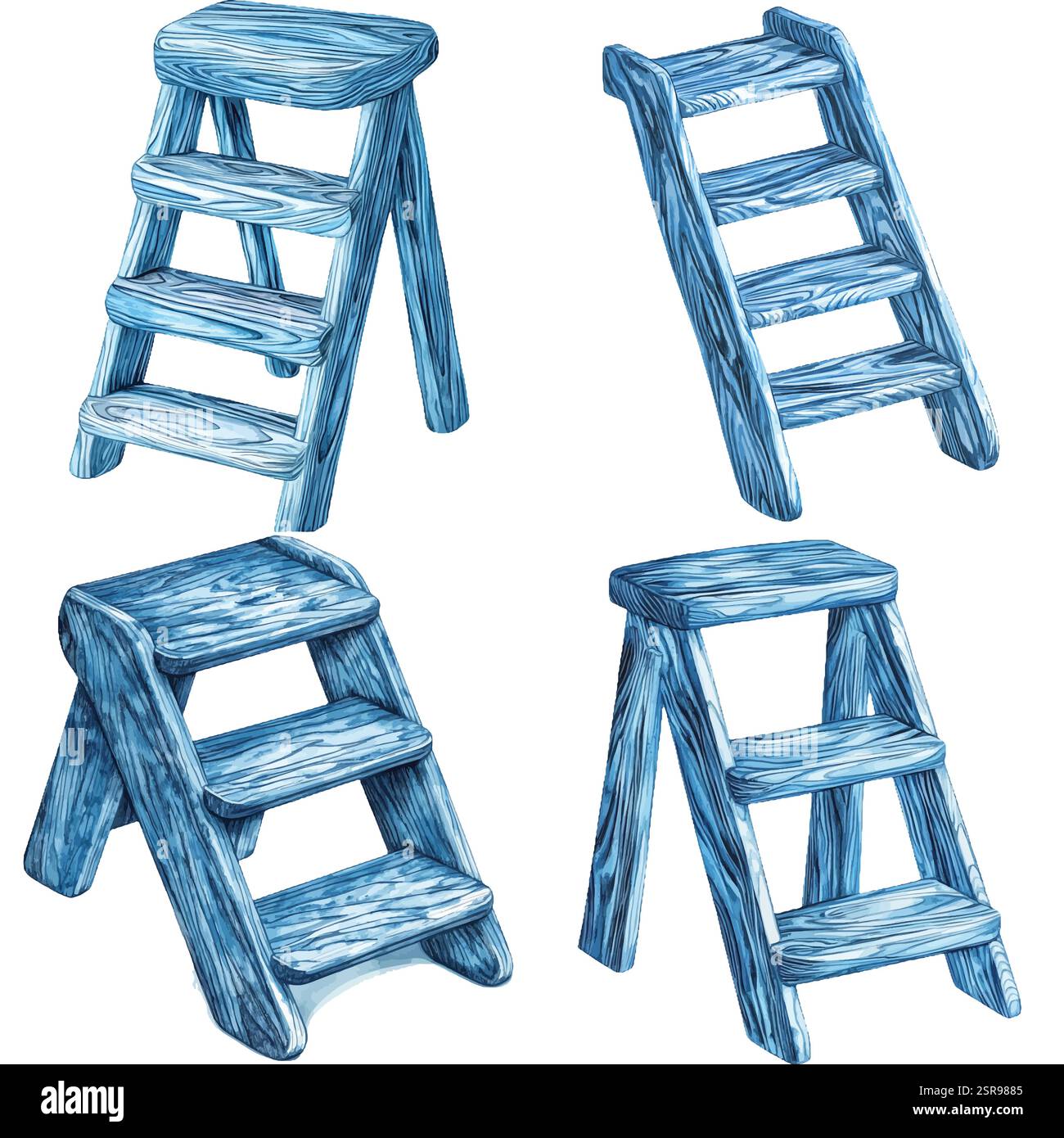 A handdrawn watercolor illustration of Wooden ladder hand-drawn set ...