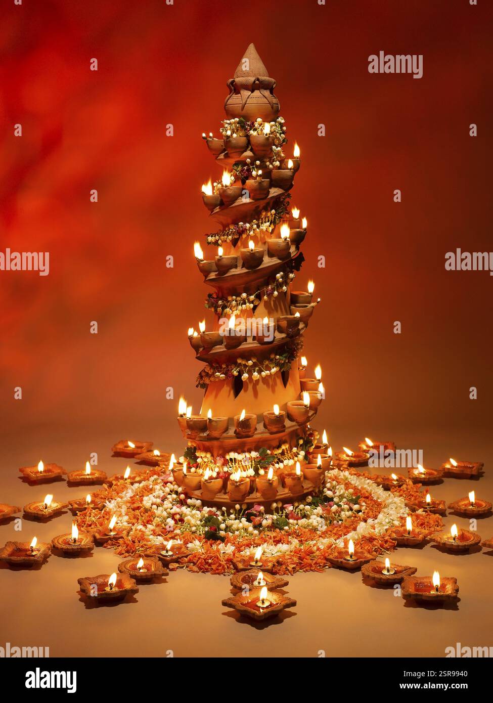 Diyas and flowers arrangement for diwali festival, India, Asia Stock ...