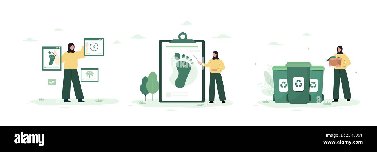 CO2 neutrality. Recycling illustrations set. Reduce, reuse, recycle and zero waste concept. Low ...