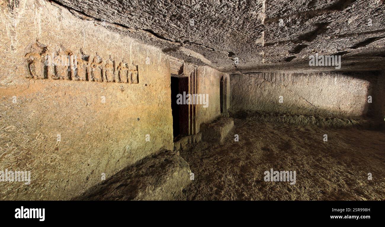 Cave number two ceiling with rock-cut beams and rafters in Panhale Kazi ...