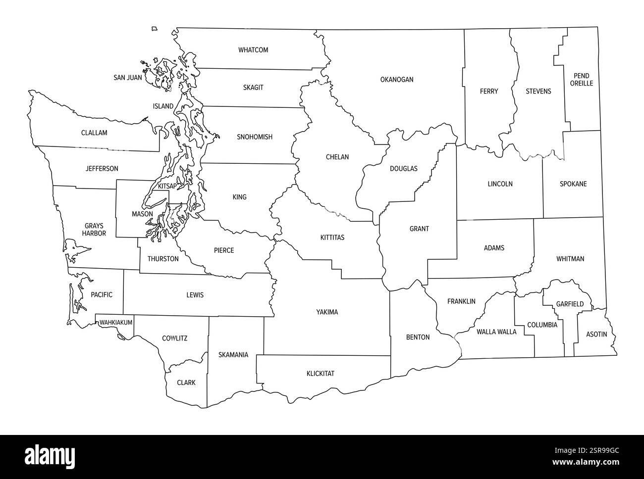 State of Washington subdivided into 39 counties, outline map. Westernmost state in the Pacific ...