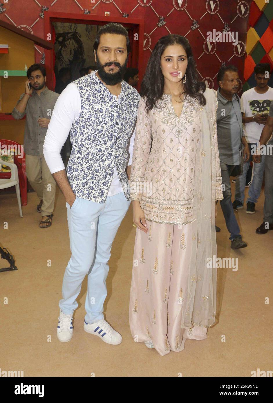 Bollywood actors Nargis Fakhri and Riteish Deshmukh during the promotion of film Banjo sets of ...