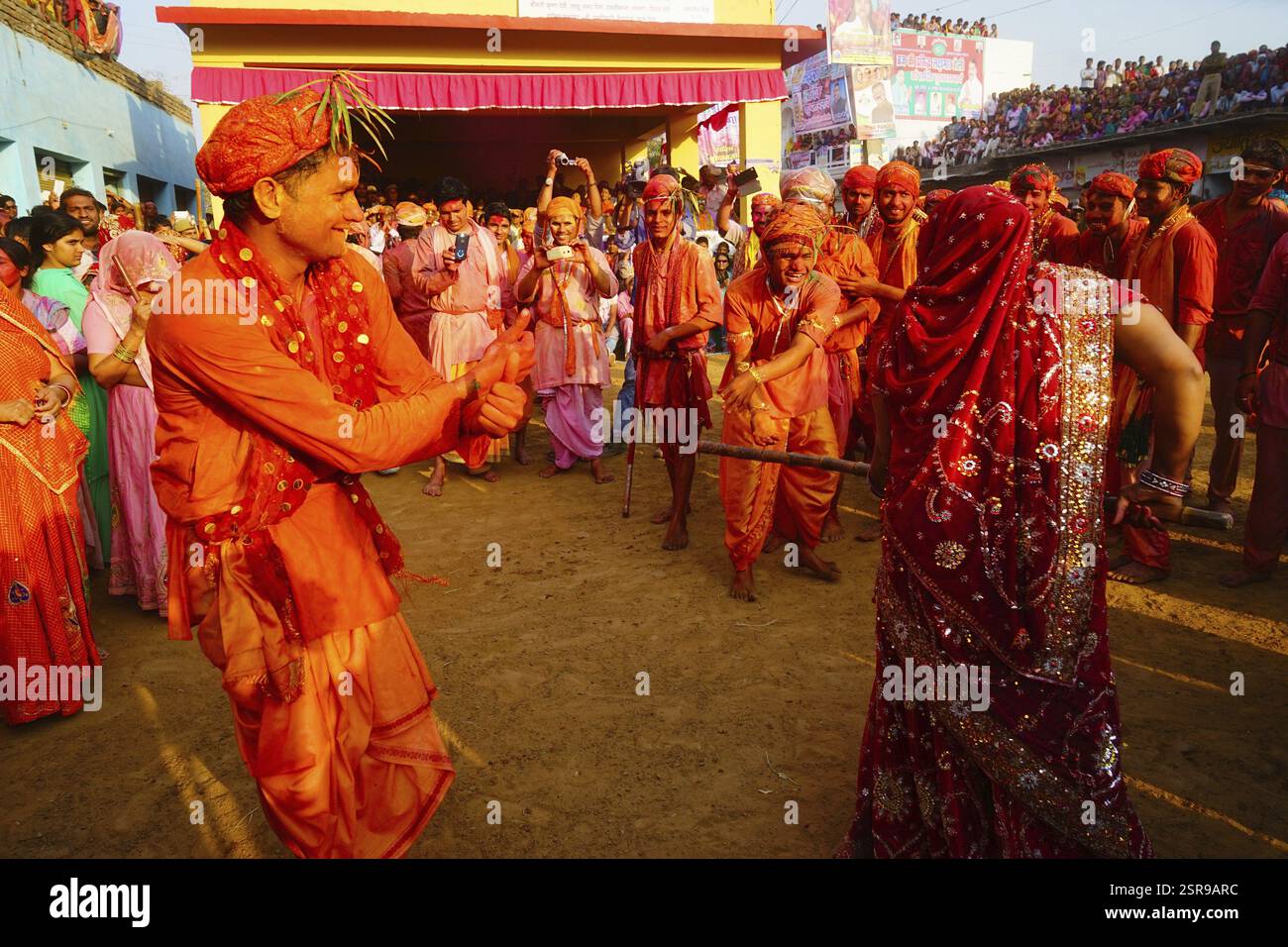 Men dancing, Lathmar Holi festival, Mathura, Uttar Pradesh, India, Asia ...