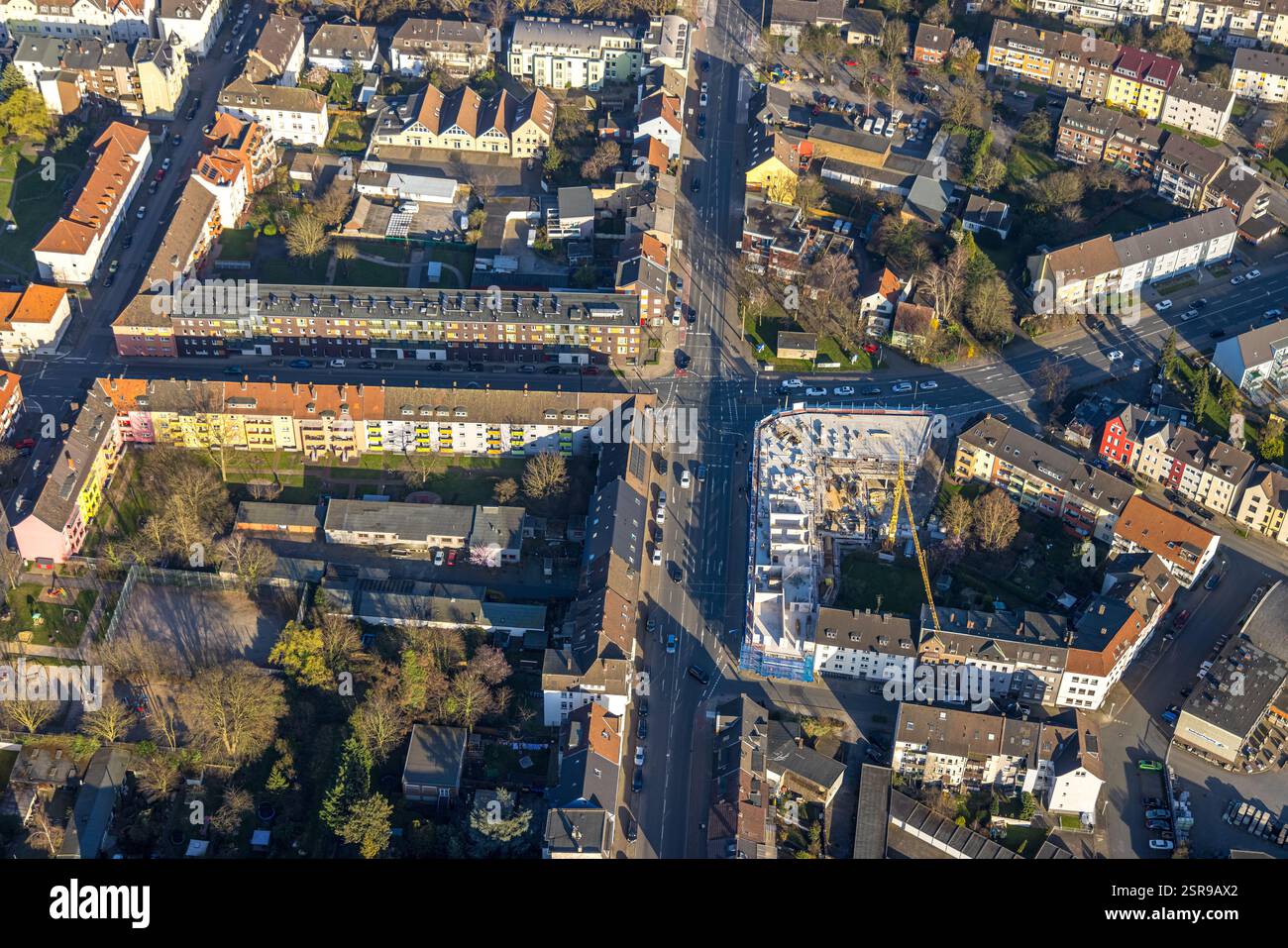 Aerial view, construction site with new building on the corner of ...