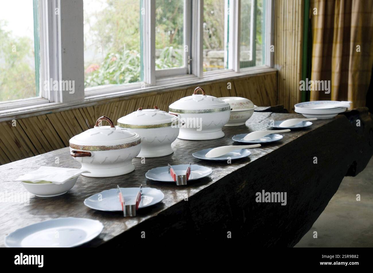 Restaurant buffet table crockery, Kohima, Nagaland, North East, India ...