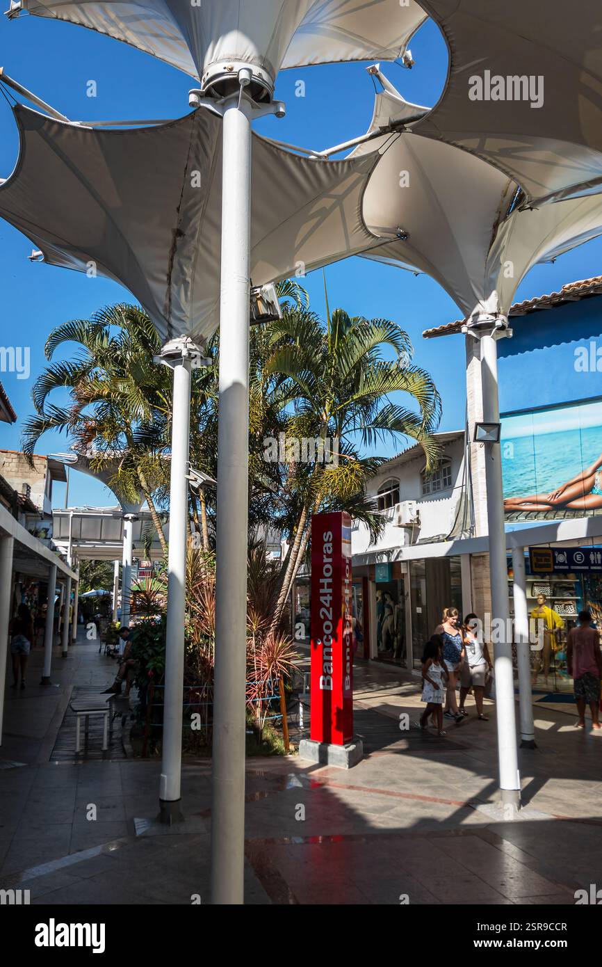 Tensile canopy shading Rua dos Biquinis mall in Gamboa district with ...