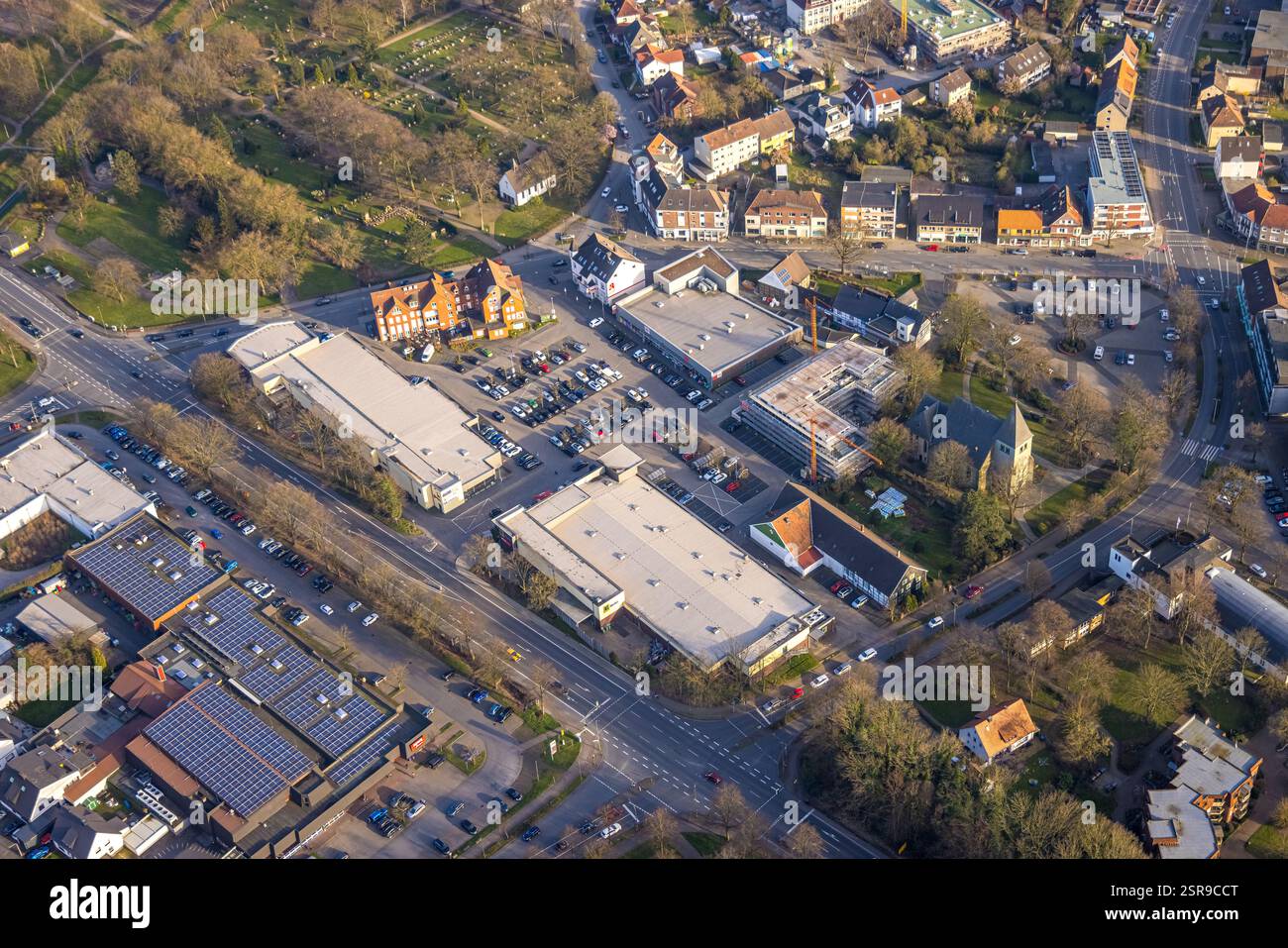 Aerial view, supermarket Edeka, DM Markt and supermarket Aldi on ...