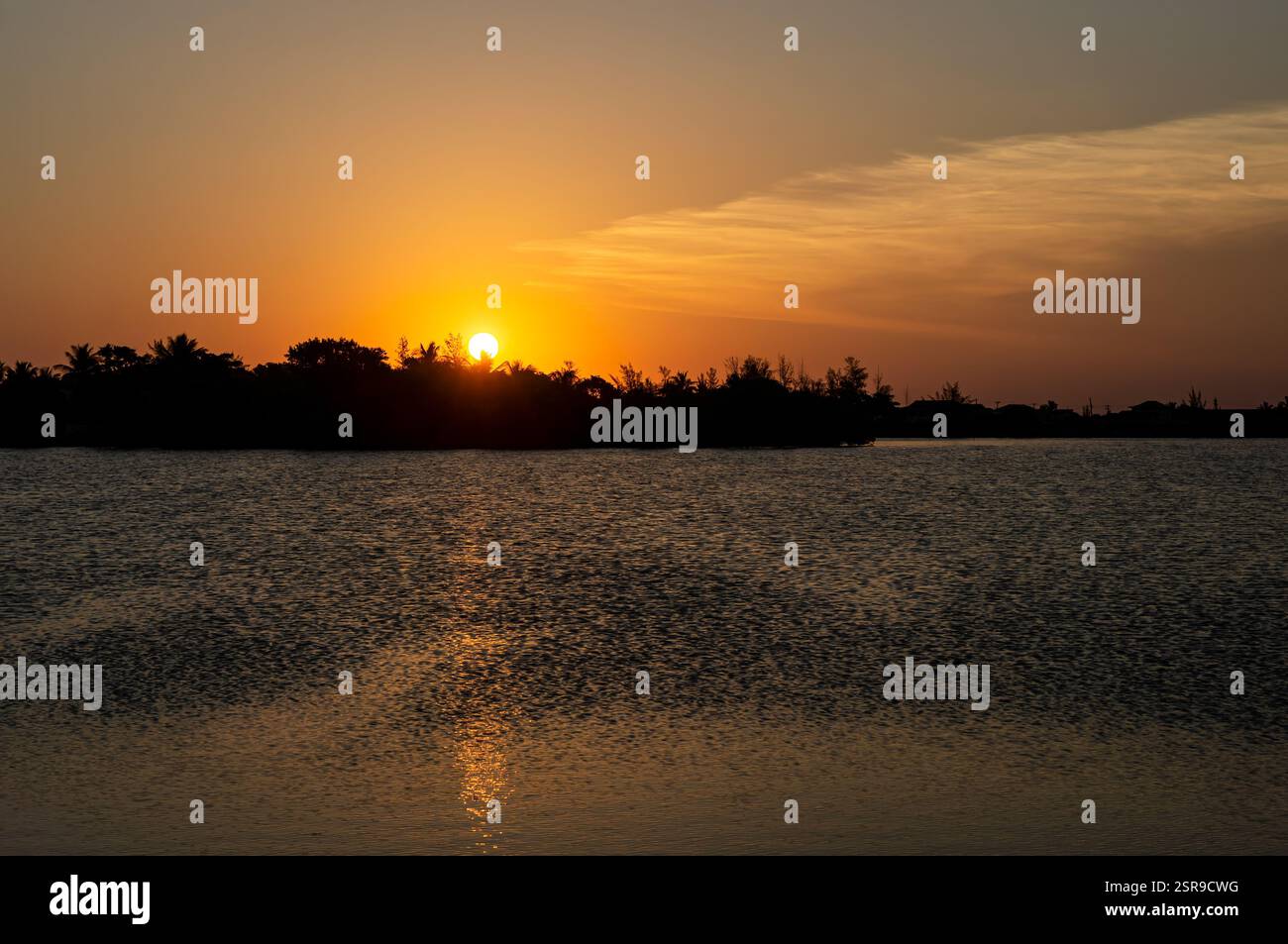 Sun hiding behind trees with a golden sunset sky view over Laguna de ...
