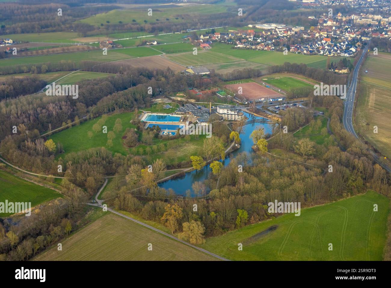 Aerial view, Hotel Selbachpark GmbH with outdoor swimming pool, sports ...