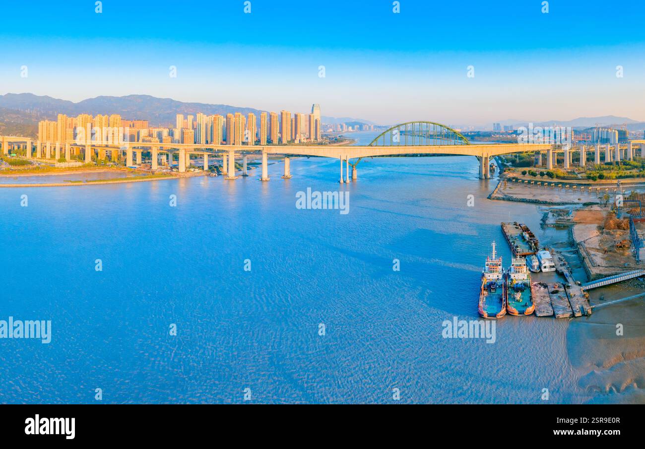 Cityscape on both sides of the Minjiang River in Fuzhou, Fujian ...