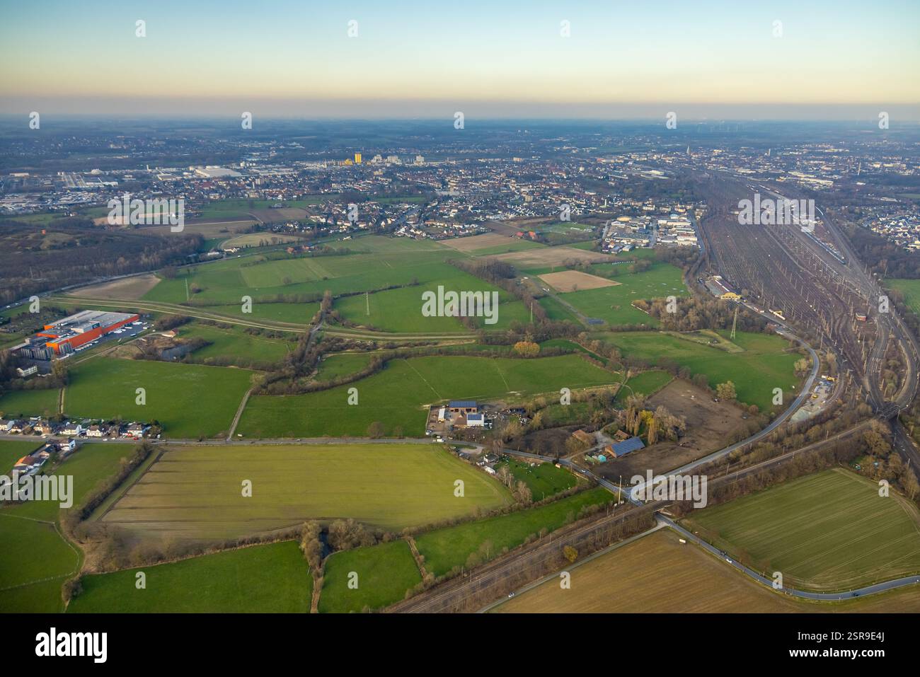 Aerial view, meadows and fields at Wiescher Bach, Pelkum district, Hamm ...