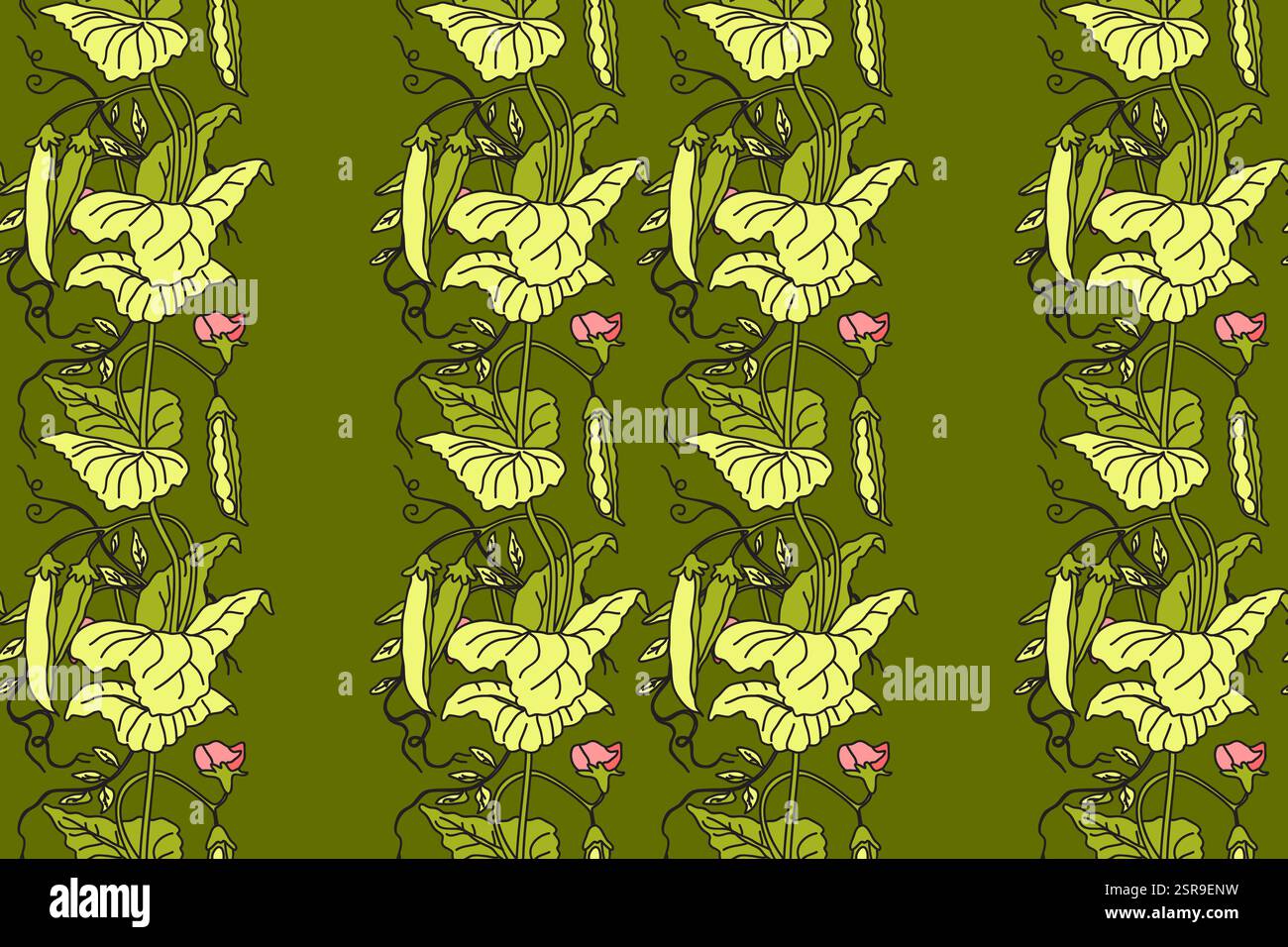 Botanical seamless pattern with cartoon growing green peas vector ...