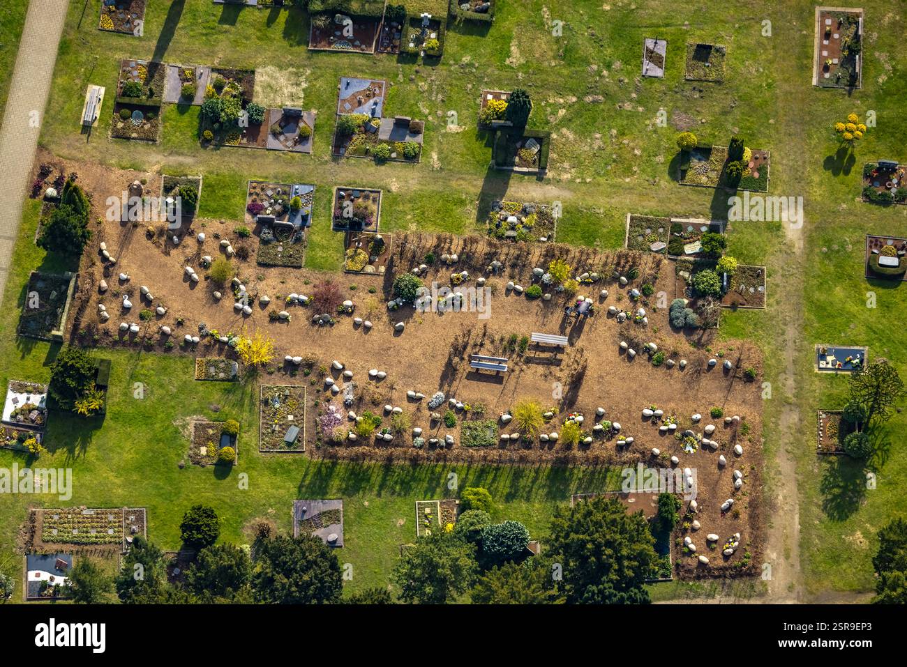 Aerial view, Ostenfriedhof cemetery cemetery urn graves and benches ...