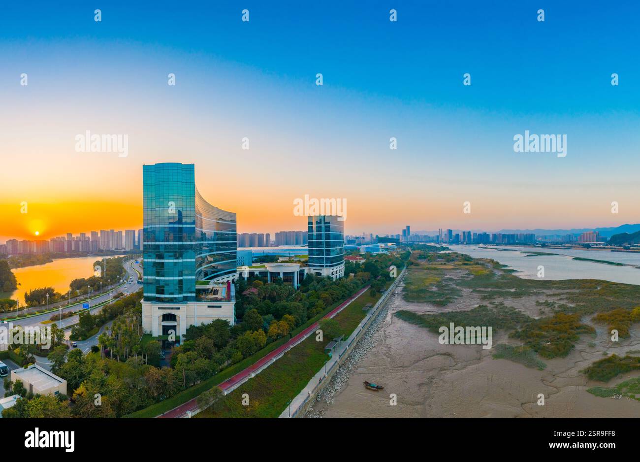 Cityscape on both sides of the Minjiang River in Fuzhou, Fujian ...