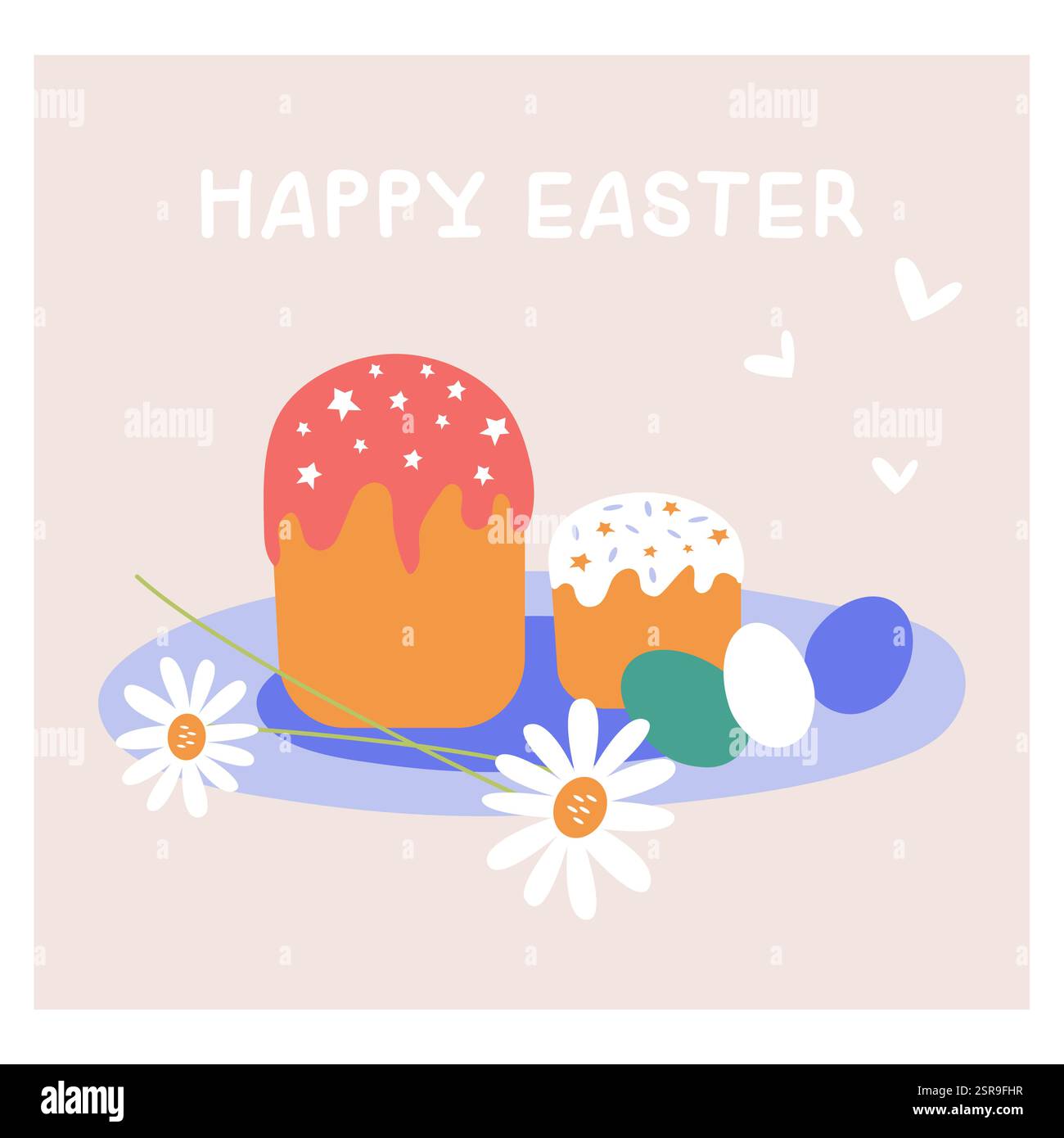 Easter vector illustration with a festive cake with icing, eggs and ...