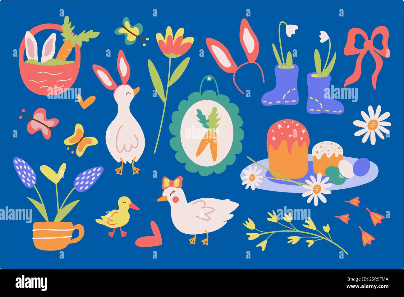 A collection of cute Easter design elements geese, ducks, rabbit ears ...