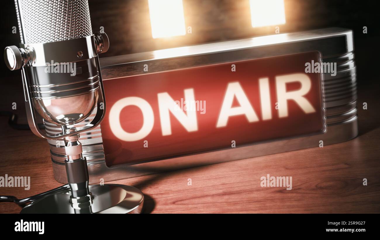 Microphone and on air board. Vintage radio, podcast, broadcasting ...