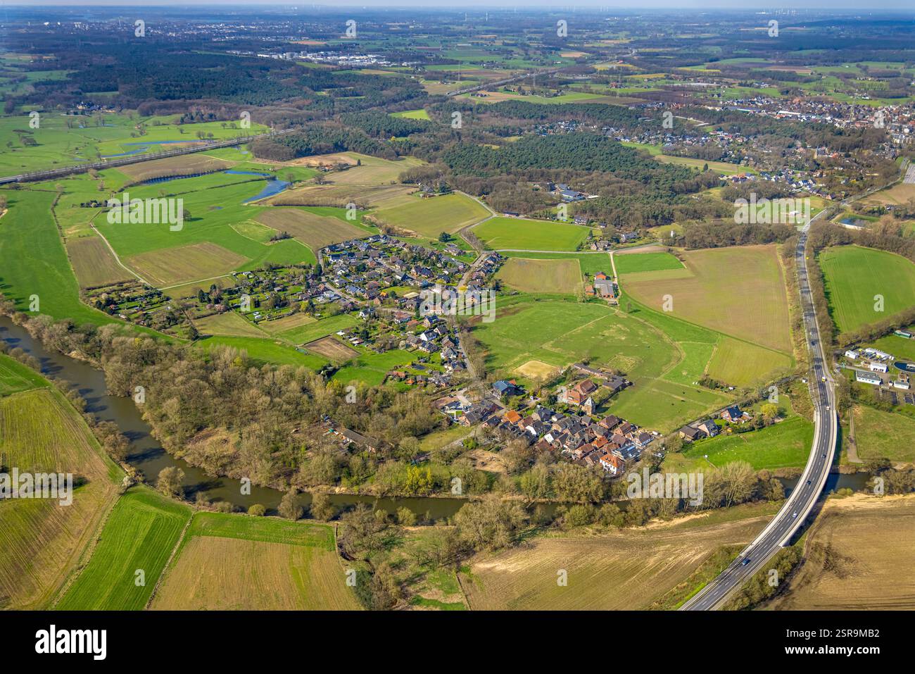 Aerial view, forest area and river Lippe at the residential area local ...