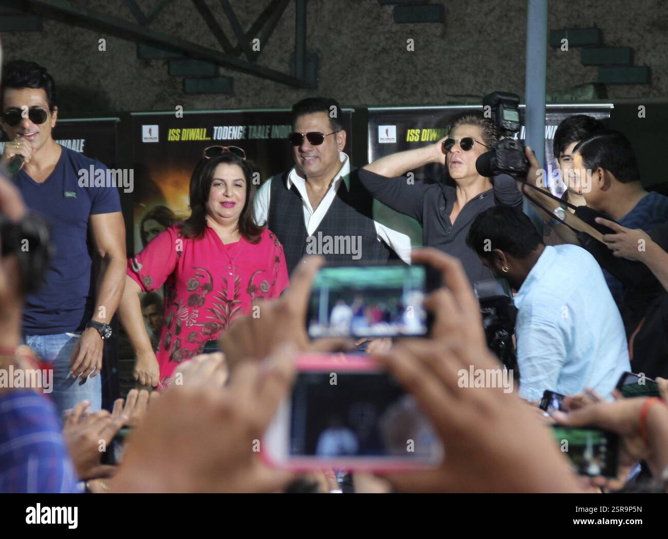 Bollywood Sonu Sood Farah Khan Boman Irani Shah Rukh Khan arrive movie theater promote movie ...