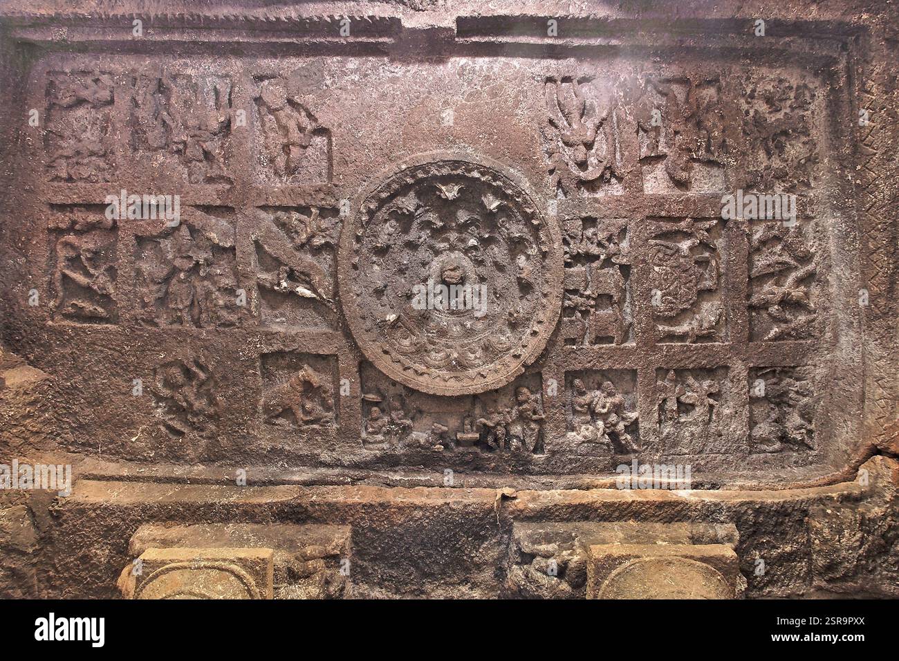 Sculptured ceiling of cave number nineteen mythology scenes in Panhale ...