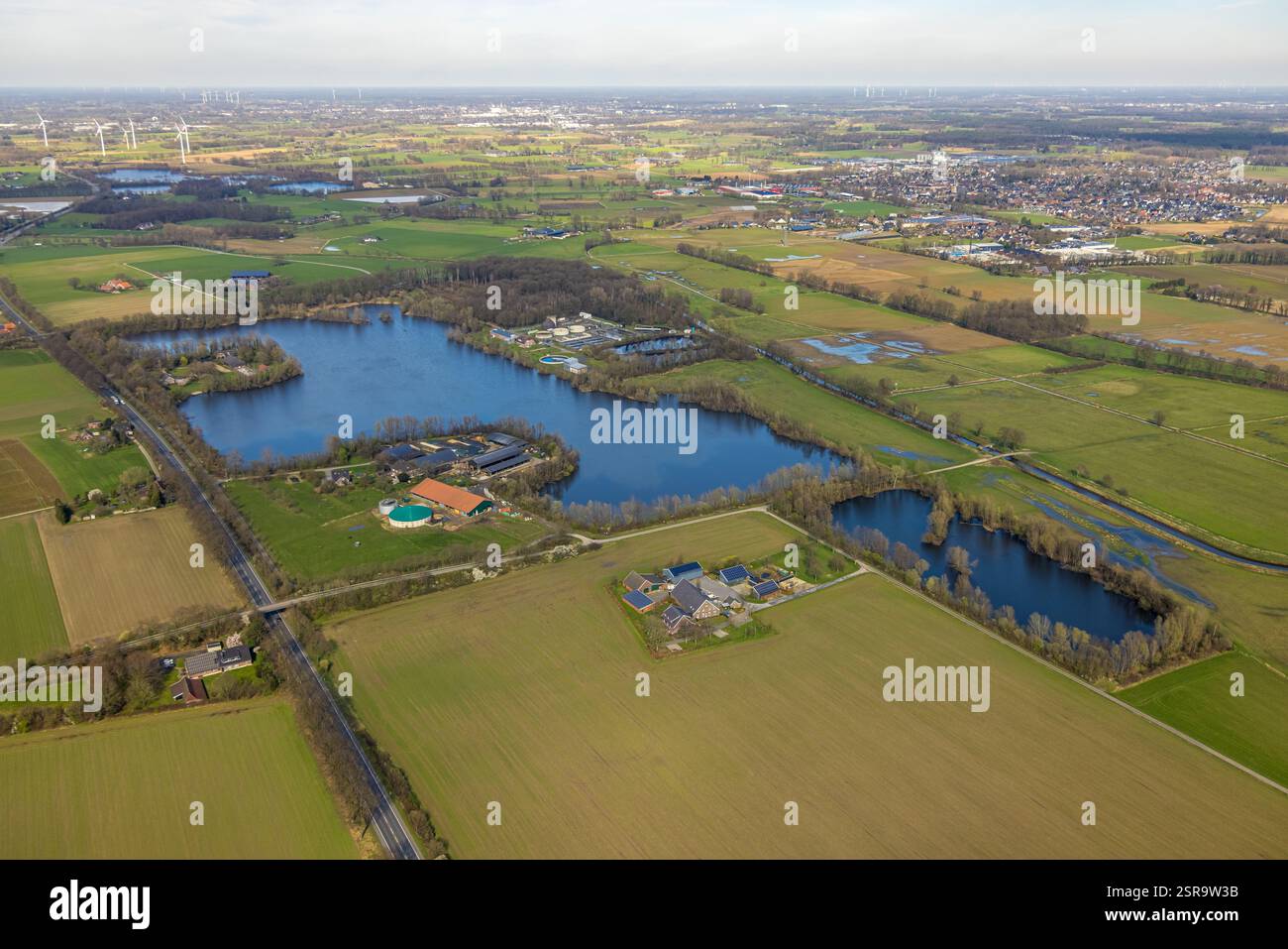 Aerial view, lake Römerrast fishing waters and river Issel wetland ...