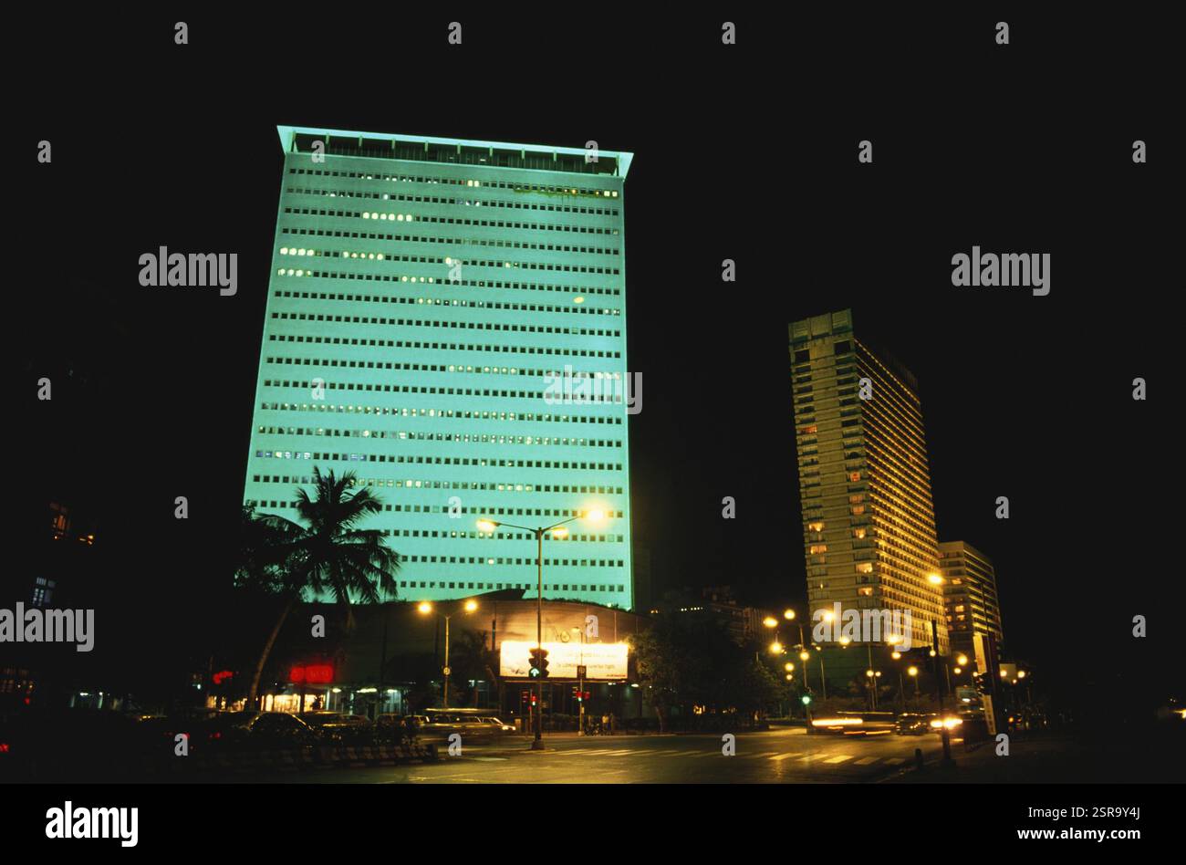 Illuminated Air India building & Oberoi tower, Nariman Point, Bombay ...