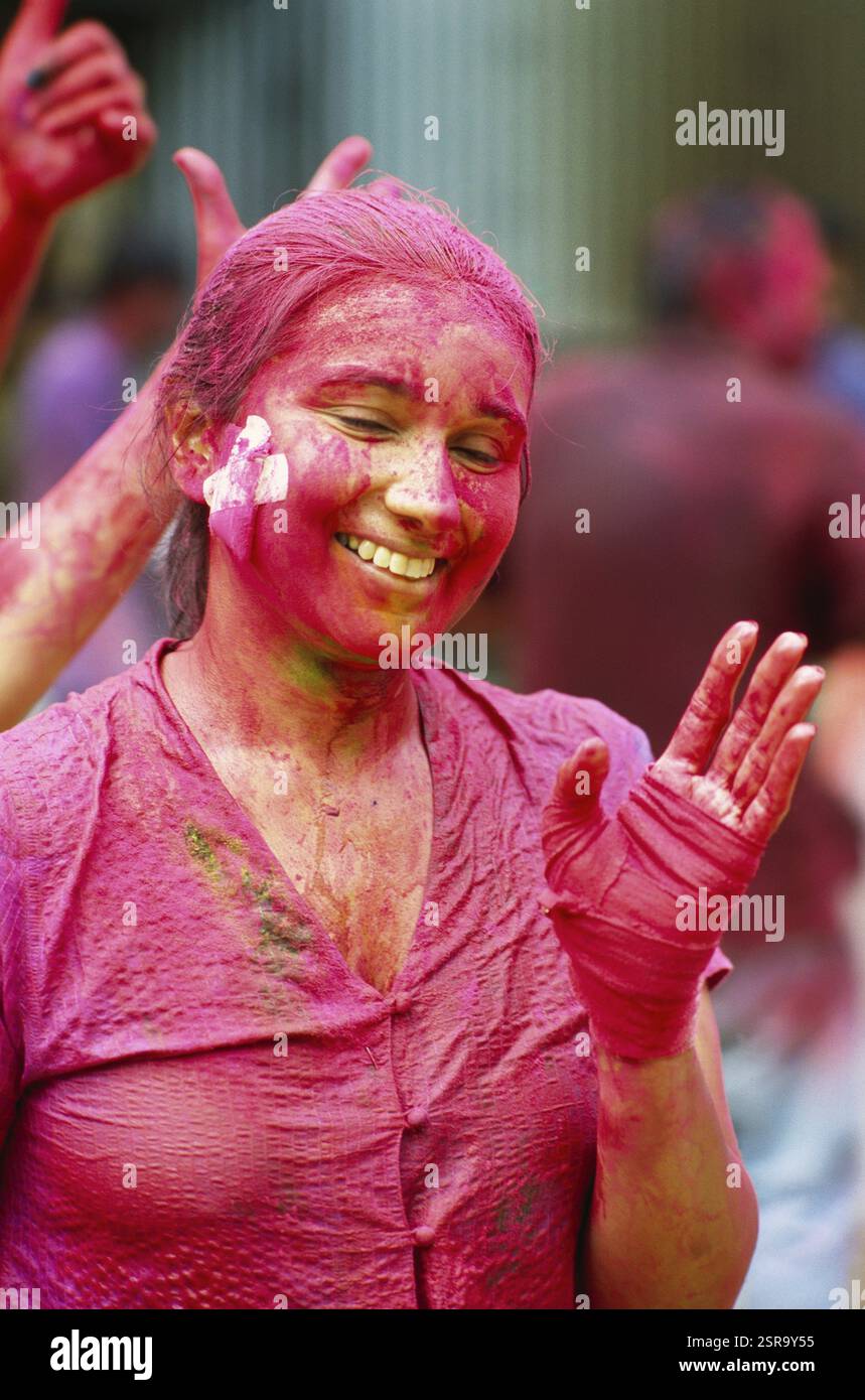 Painted face of lady enjoying holi festival, Bombay Mumbai, Maharashtra ...