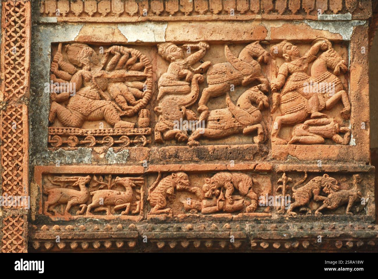 Terracotta artworks of Jor Bangla temple panels made of burnt clay shows figures and designs in ...