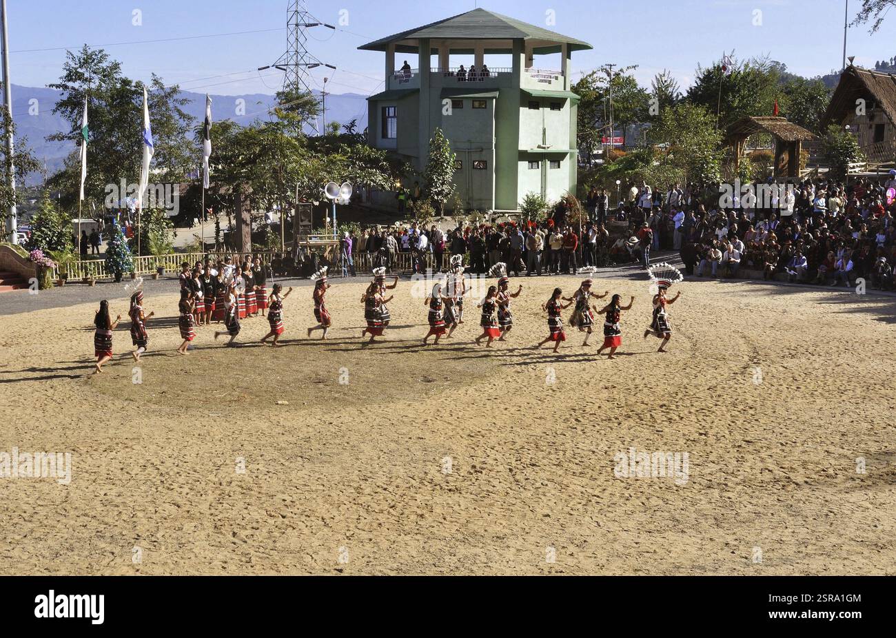 Naga tribal in tiger hunt game at hornbill festival, Kohima, Kisama village, Nagaland, North ...