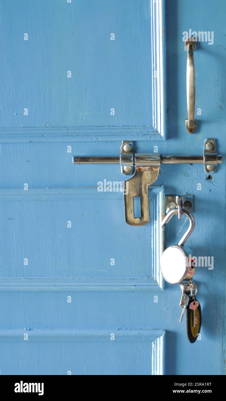 Blue door with latch handle, lock and key, Madikeri, Coorg Kodagu ...