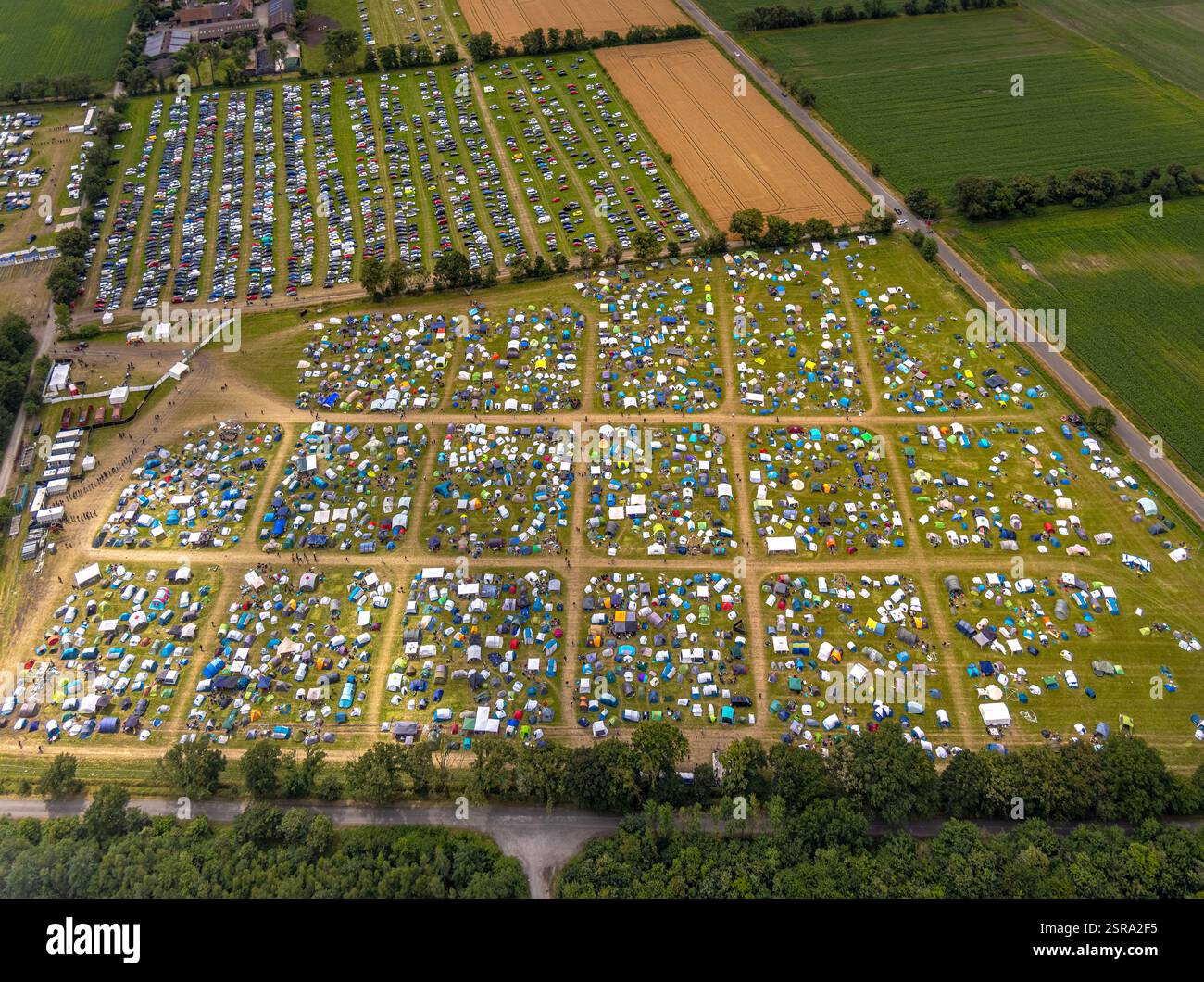 Aerial view, Ruhrpott-Rodeo 2024 music event at Schwarze Heide airfield, parking lots and ...