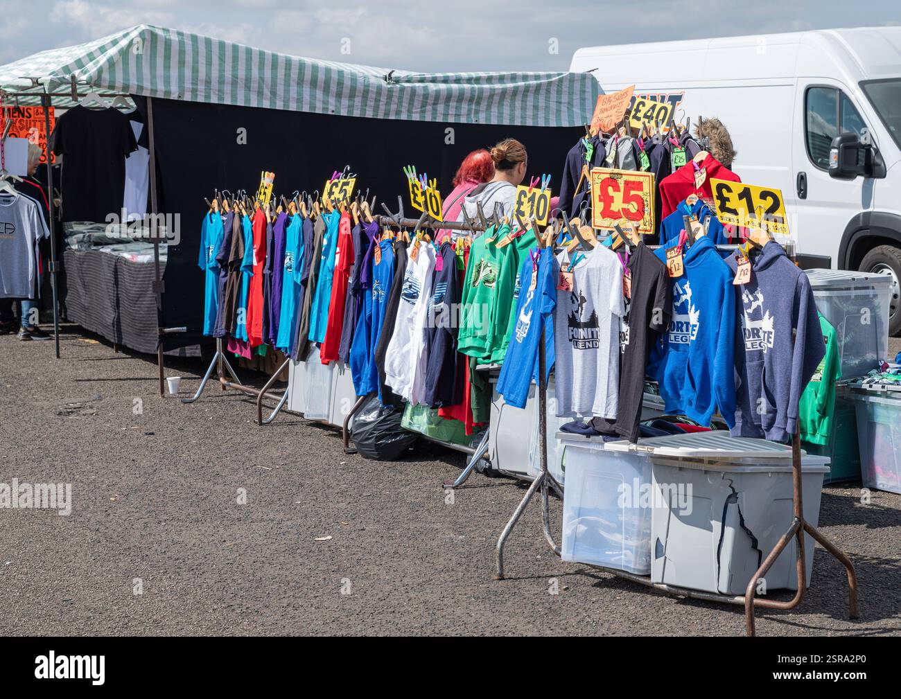 A bargain clothes stall at Wellesbourne Airfield Market held weekends ...