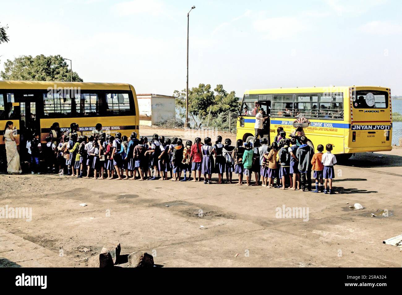 Students queue, School bus, Hampi, Karnataka, India, Asia Stock Photo ...