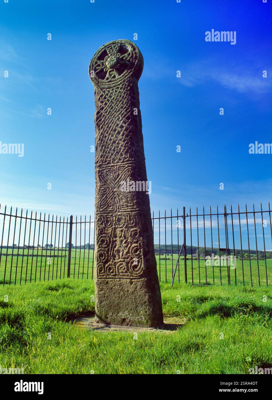 Low angle view of E face of Maen Achwyfan Cross, a highly decorated ...