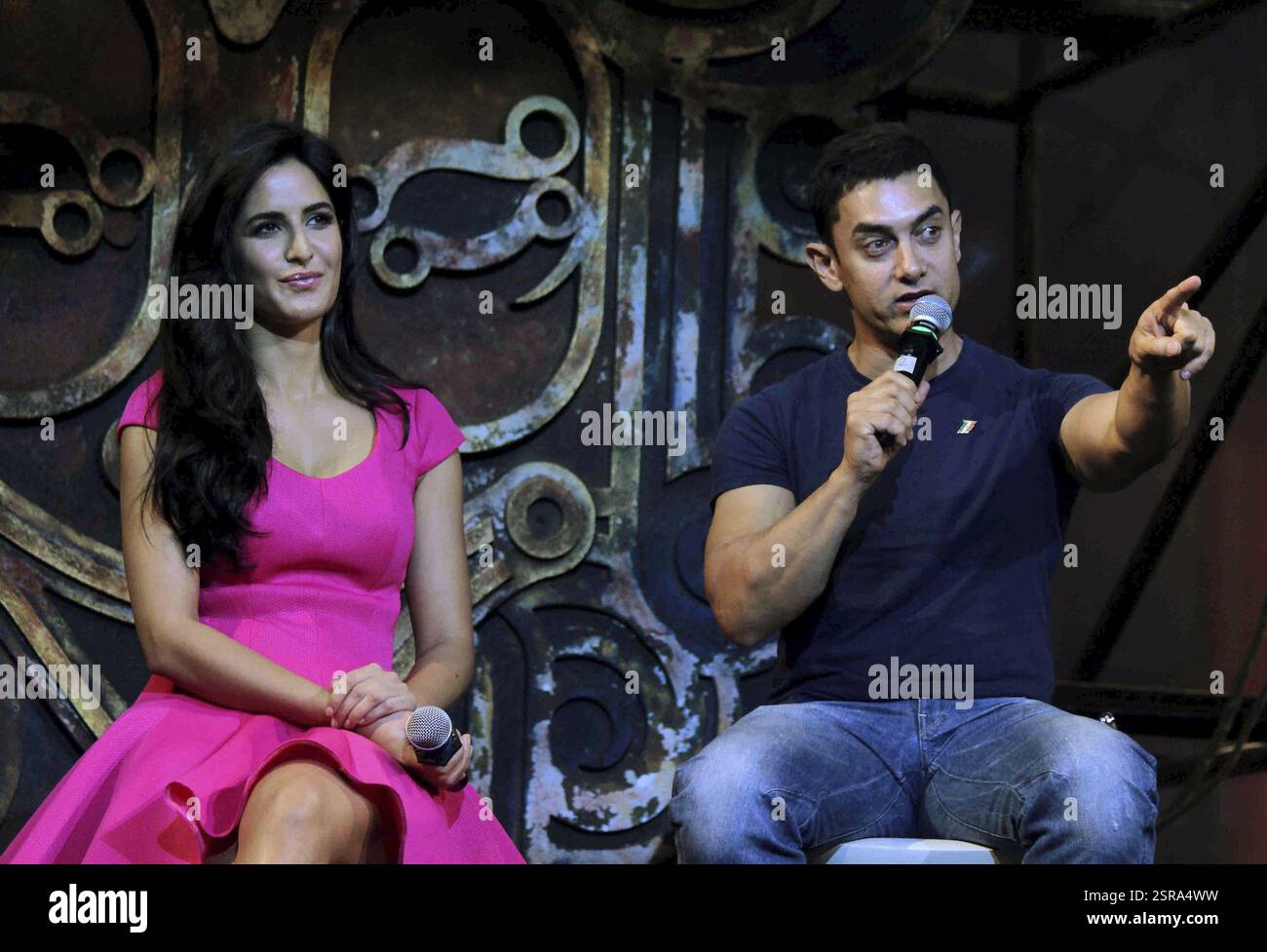 Bollywood actors Katrina Kaif and Aamir Khan during the launch of the Dhoom 3 title song Dhoom ...