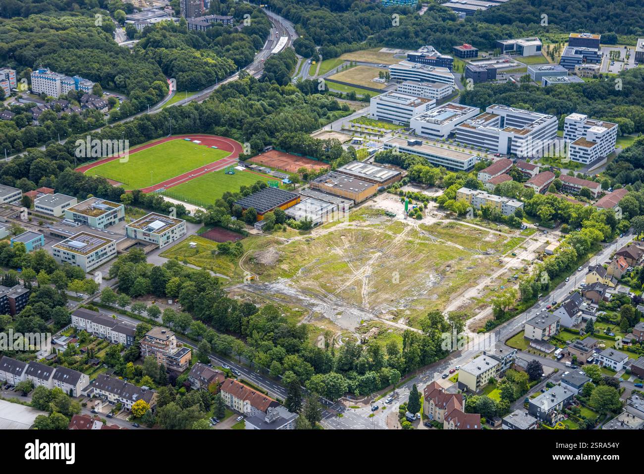 Aerial view, University of Applied Sciences HealthCampus with sports ...