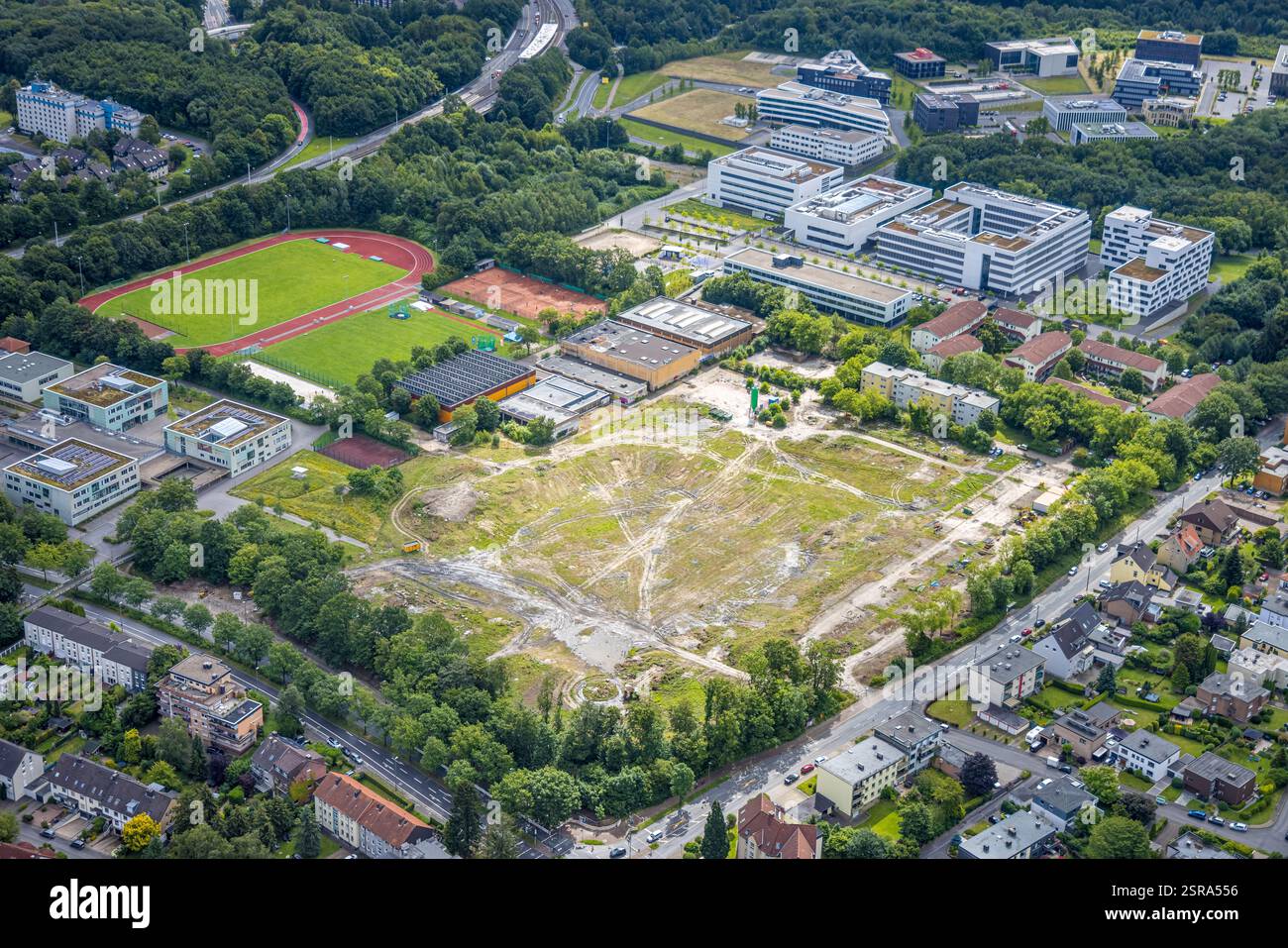 Aerial view, University of Applied Sciences HealthCampus with sports ...