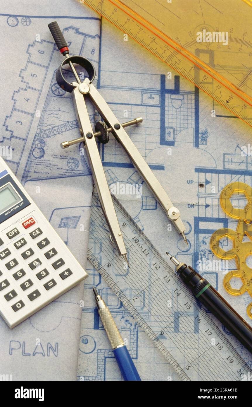 Architect implement and diagram Stock Photo - Alamy