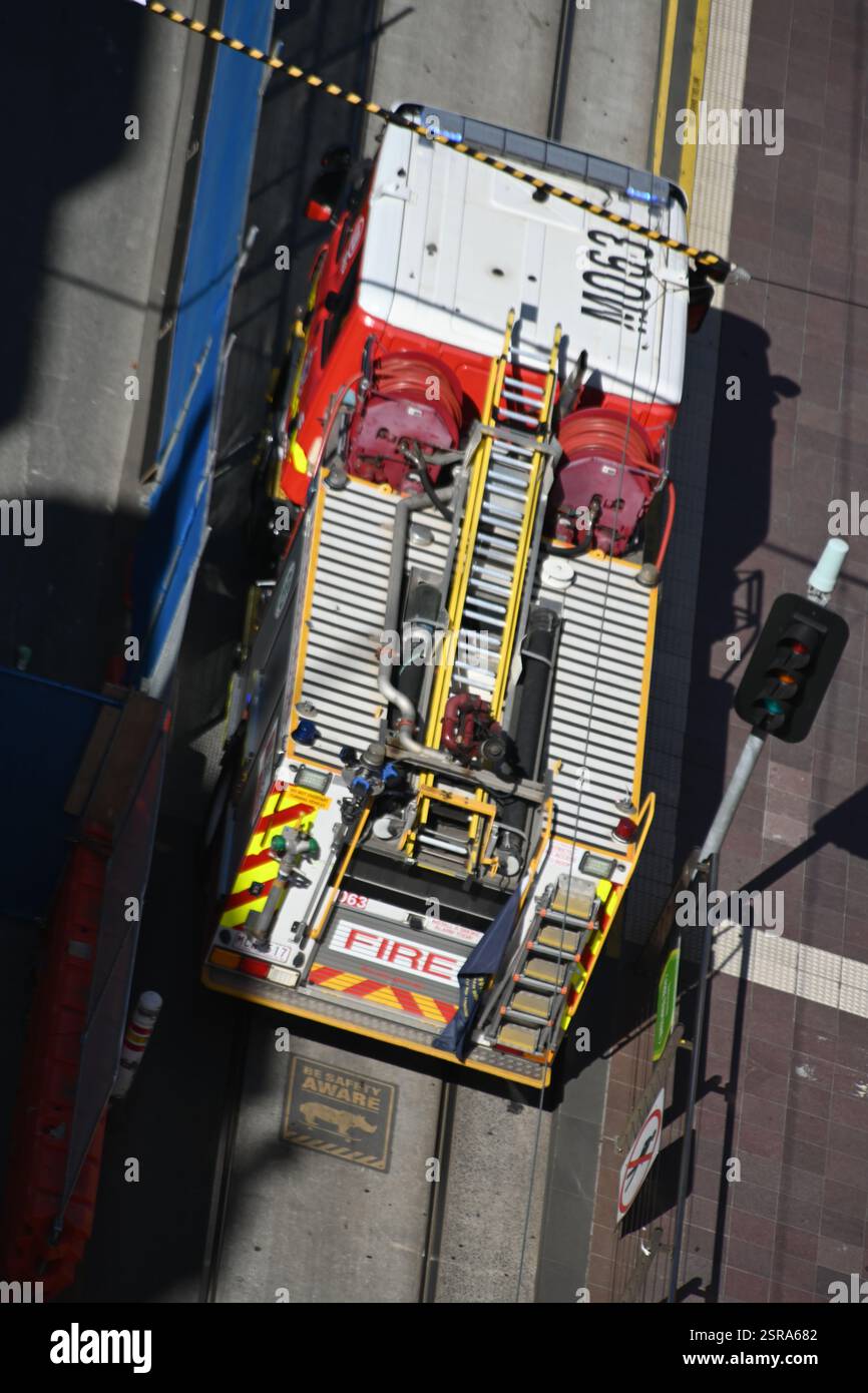 aerial view of Fire Rescue Victoria fire engine traveling to an ...