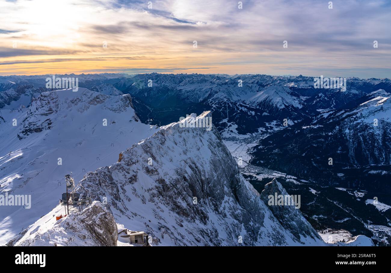 Stunning aerial panorama view of snow covered peaks of Allgaeu Alps and ...