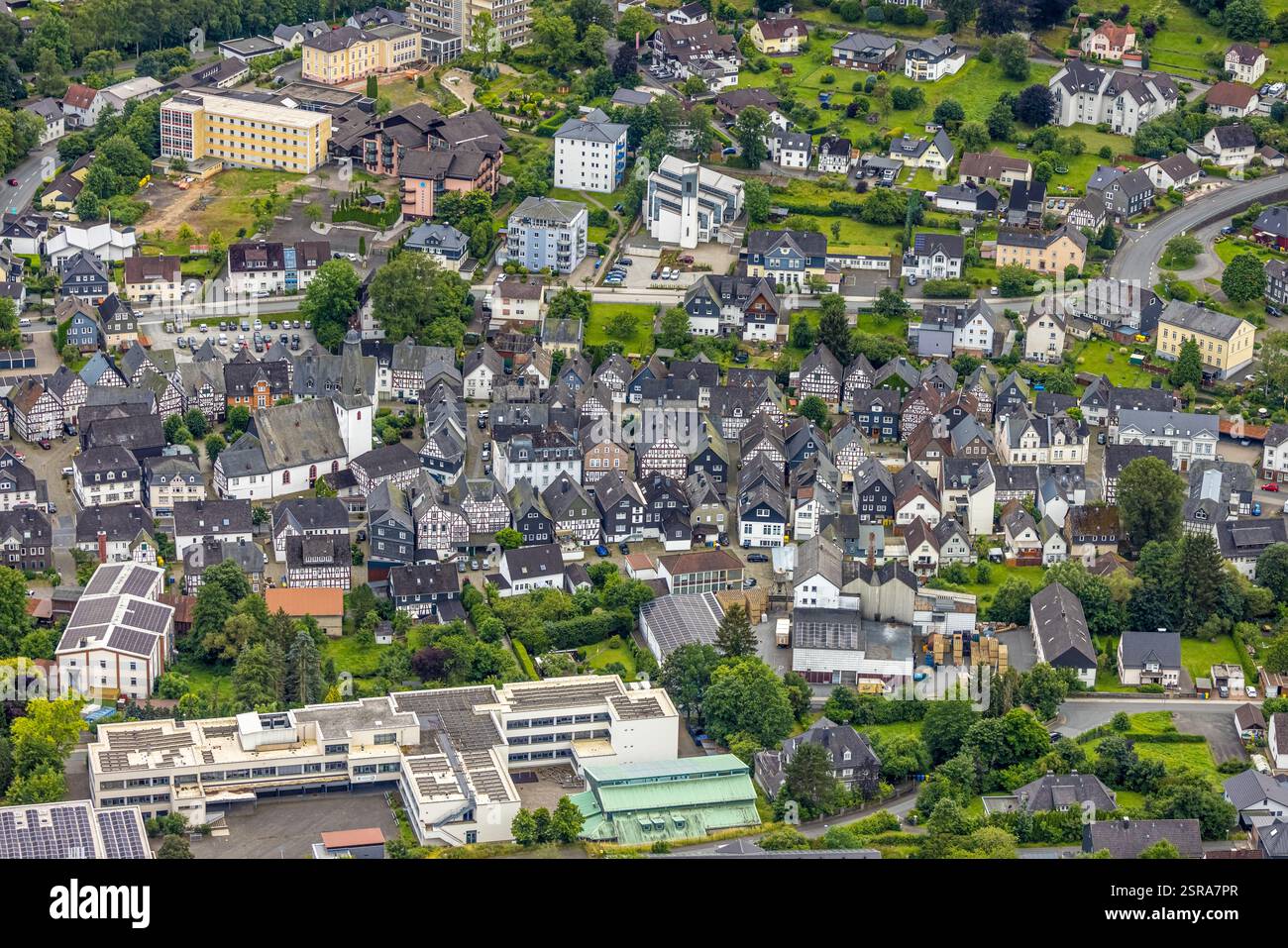 Aerial view, municipal grammar school, old town with historic houses ...