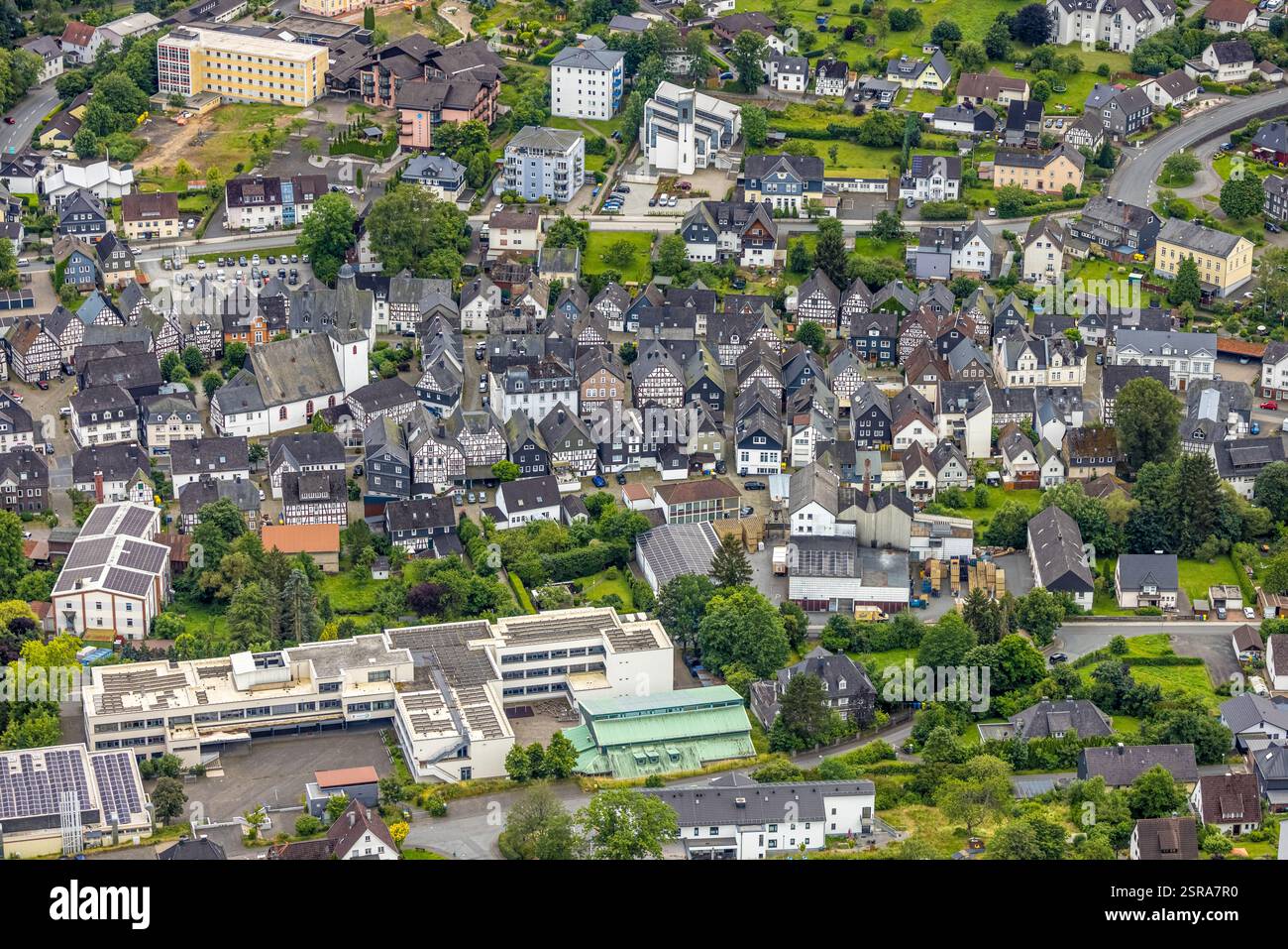 Aerial view, municipal grammar school, old town with historic houses ...