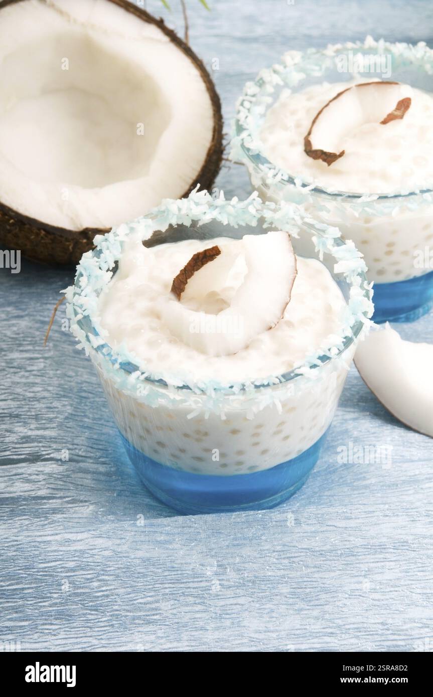 Coconut pudding with tapioca pearls and litchi jelly, poland Stock ...