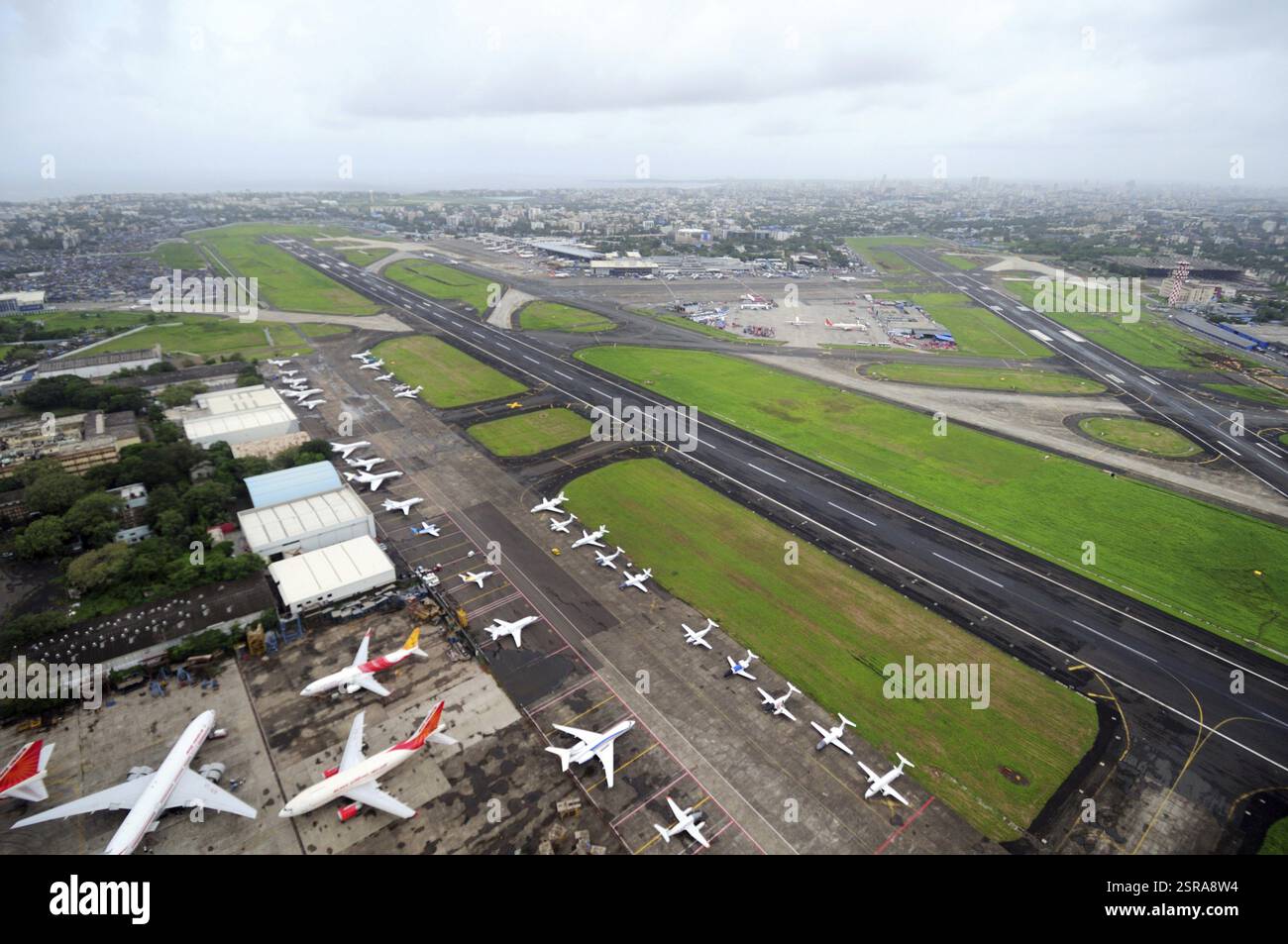 Aerial view of runway with hangar of air india at chhatrapati shivaji ...