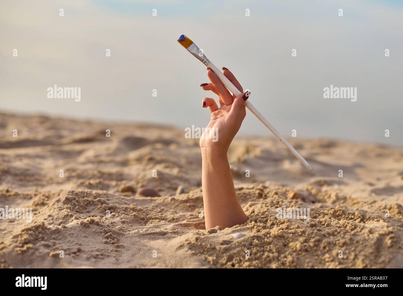 On serene beach, woman hand emerges from golden sand, grasping ...