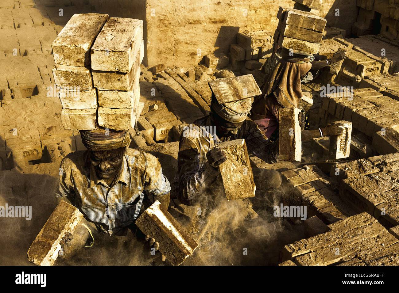 Worker carrying bricks on head in factory, India, Asia Stock Photo - Alamy