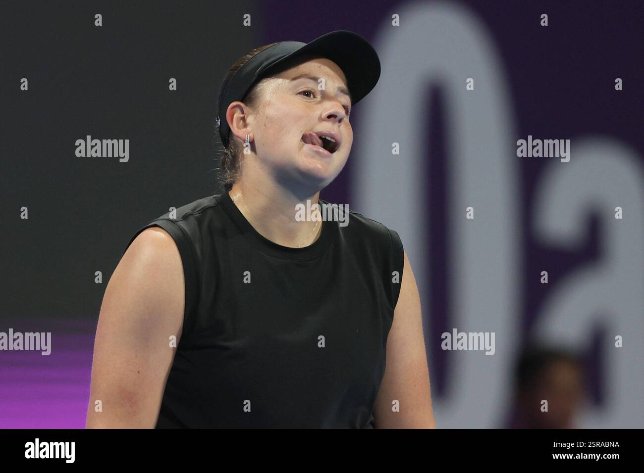 Latvia's Jelena Ostapenko reacts during the Qatar Open tennis ...