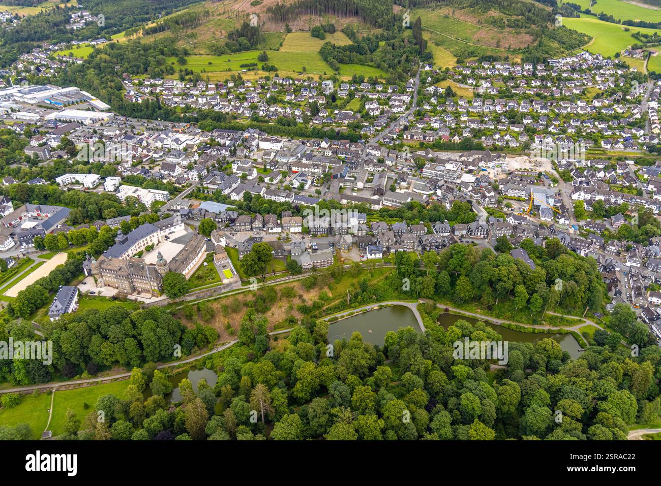 Aerial view, castle and local view of residential area, Johannes ...