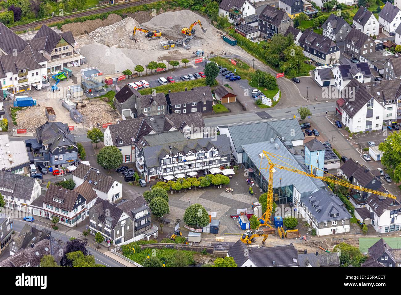 Aerial view, community center and market square with stores, restaurant ...