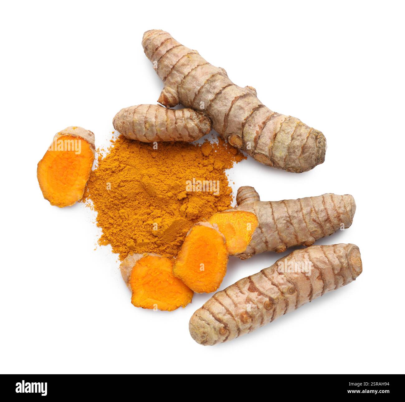 Pile of turmeric powder and roots isolated on white, top view Stock ...